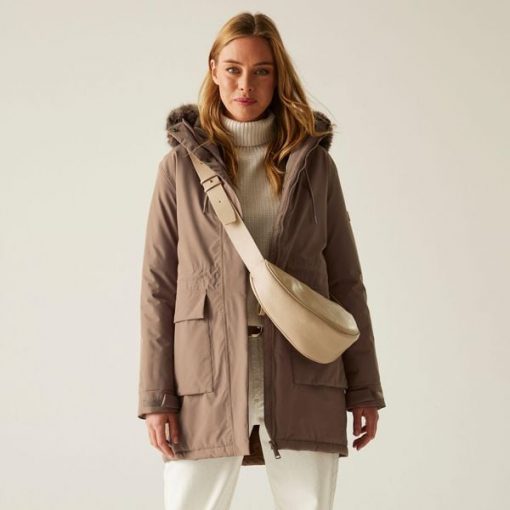 Płaszcz damski przejściowy ocieplany przeciwdeszczowy Sabinka - Brązowe ...